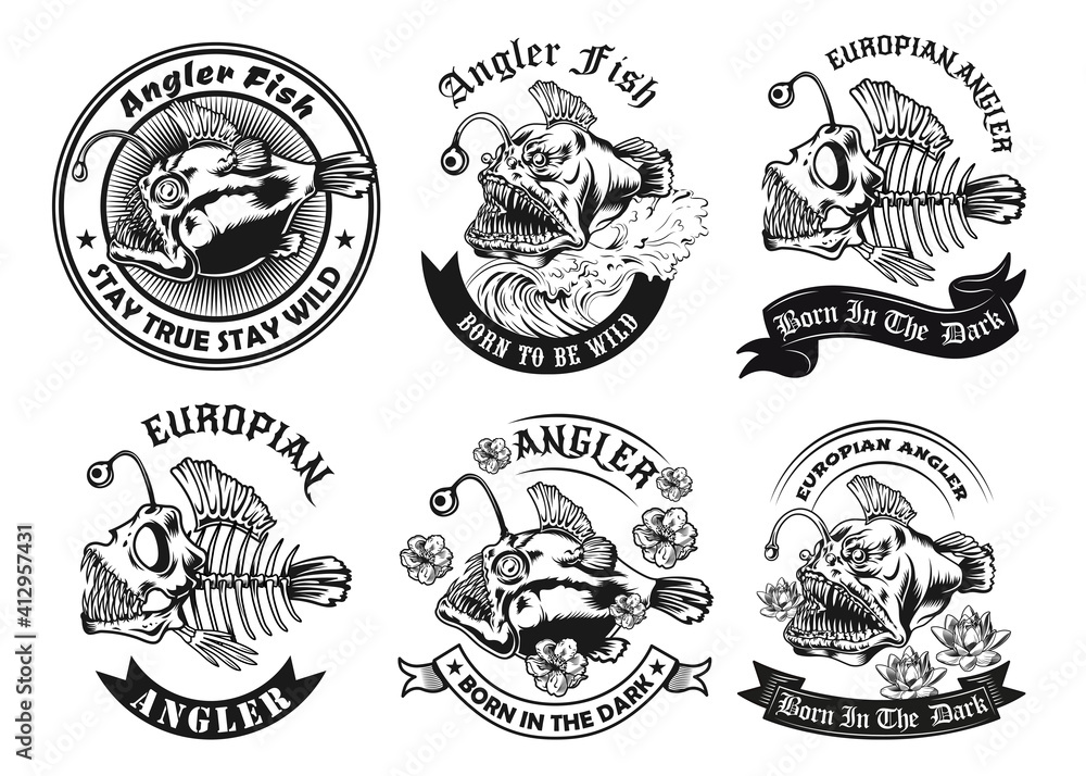 Black angler fish label designs vector illustration set. Vintage ...