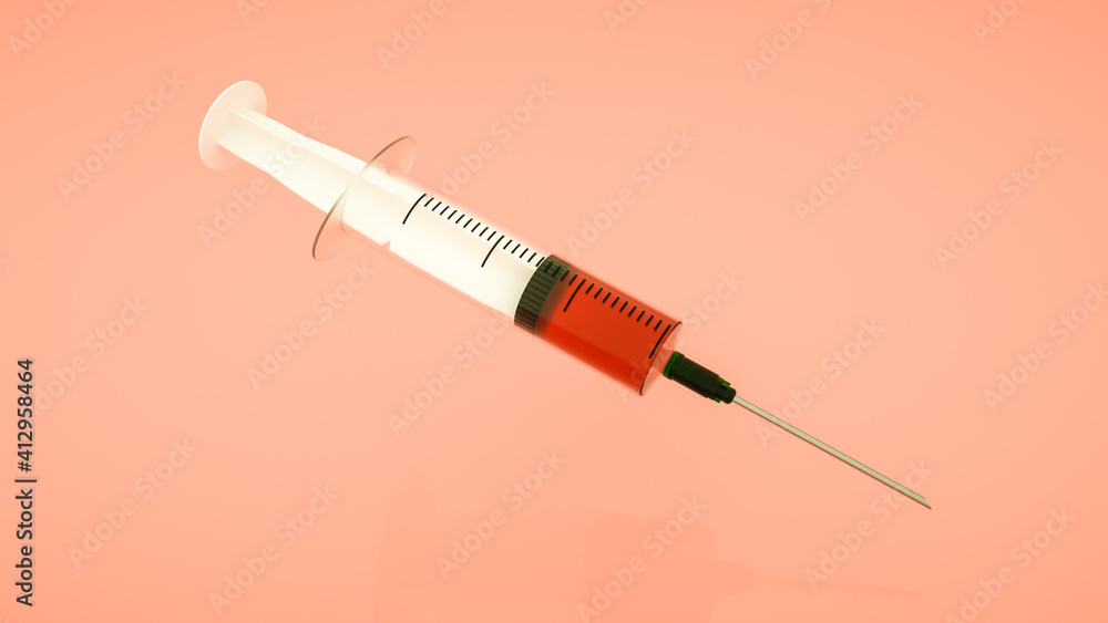 disposable syringe with medicine on a pink background. 3d render ...