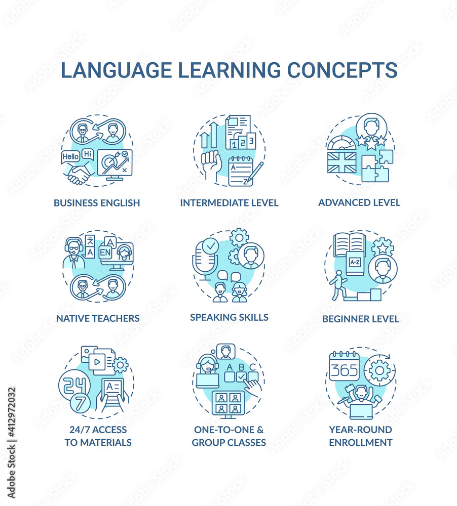Language learning concept icons set. Language acquisition idea thin ...