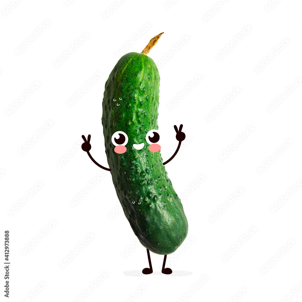 Cute happy cucumber. Cartoon character illustration design with hand ...