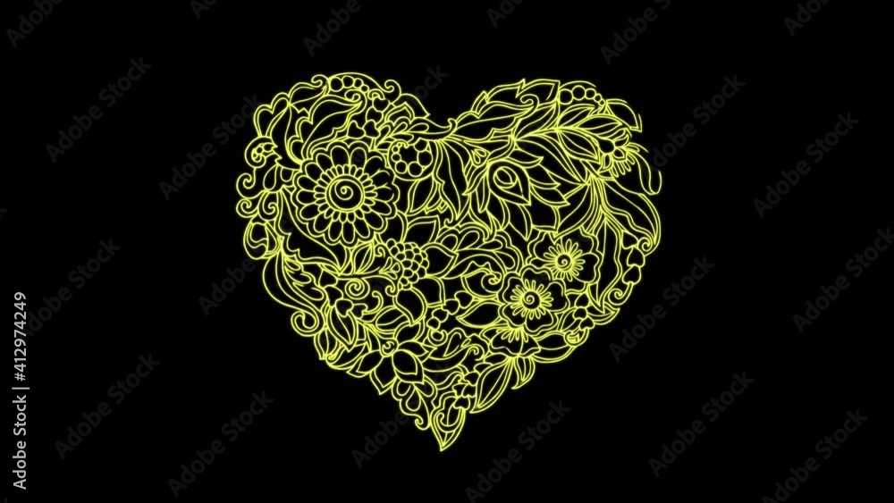 Yellow heart with graphic flowers inside with an animated outline in 4k ...