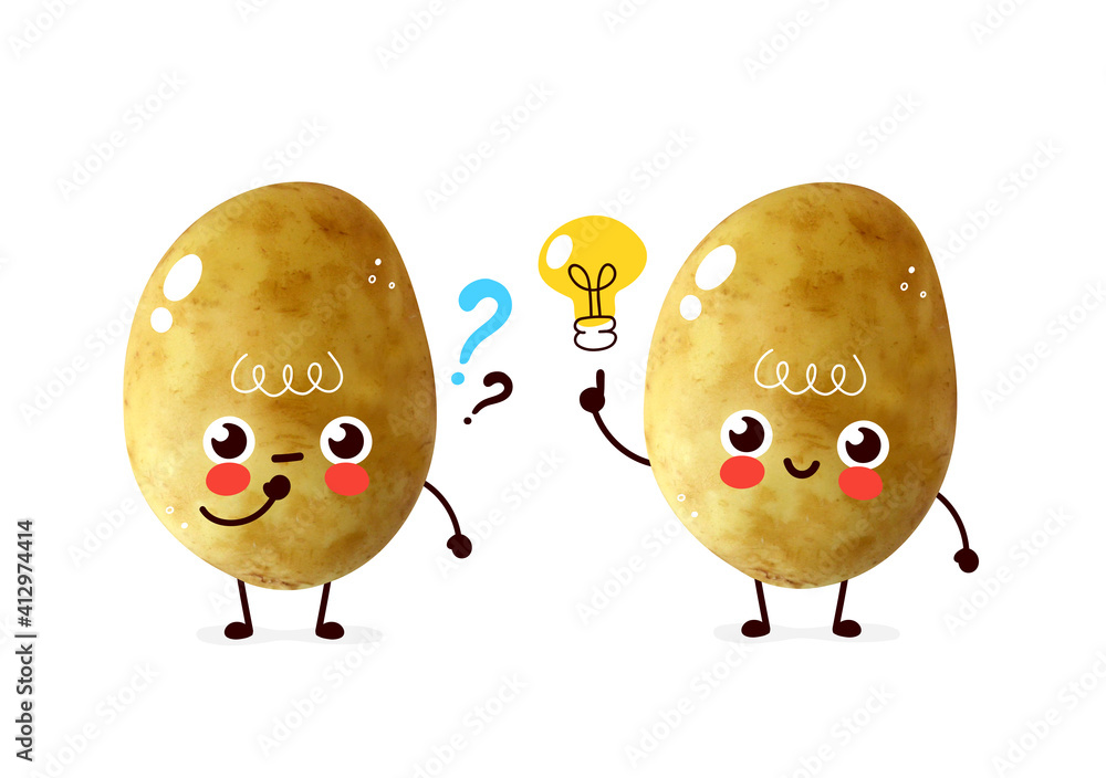 Cute potato with question mark and lightbulb character. Vector flat cartoon character ...