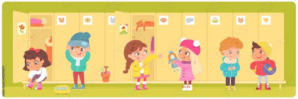 Kids changing clothes at lockers in kindergarten. Little boys and girls ...