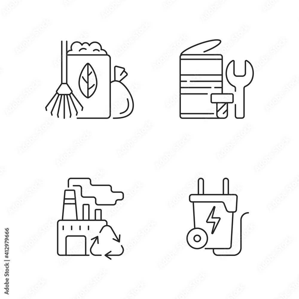 Environmental concern linear icons set. Yard waste collection. Scrap ...