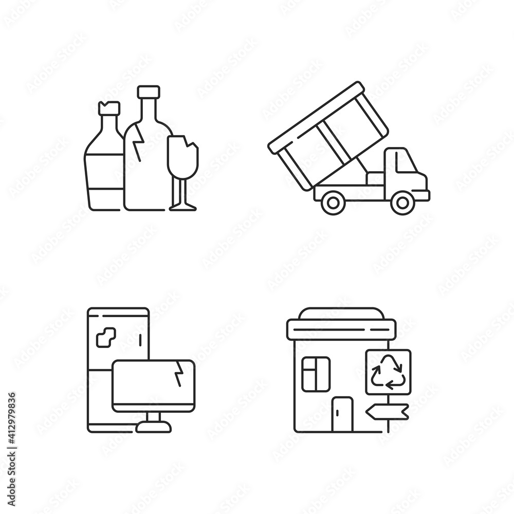 Garbage management linear icons set. Glass recycling. Roll-off truck. E ...
