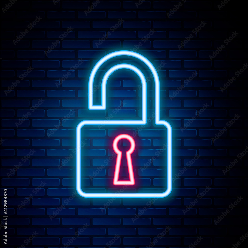 Glowing neon line Open padlock icon isolated on brick wall background ...