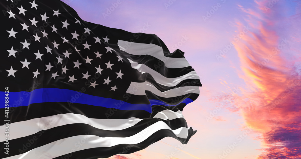 Thin Blue Line. Black Flag of USA with Police Blue Line waving in the ...