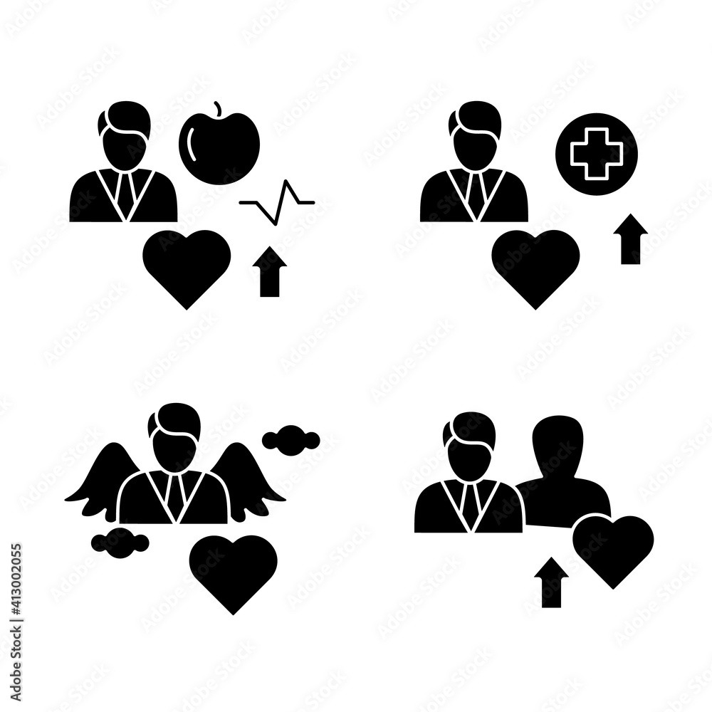 Personal growth glyph icons set. Consists of self knowledge, enhancing ...