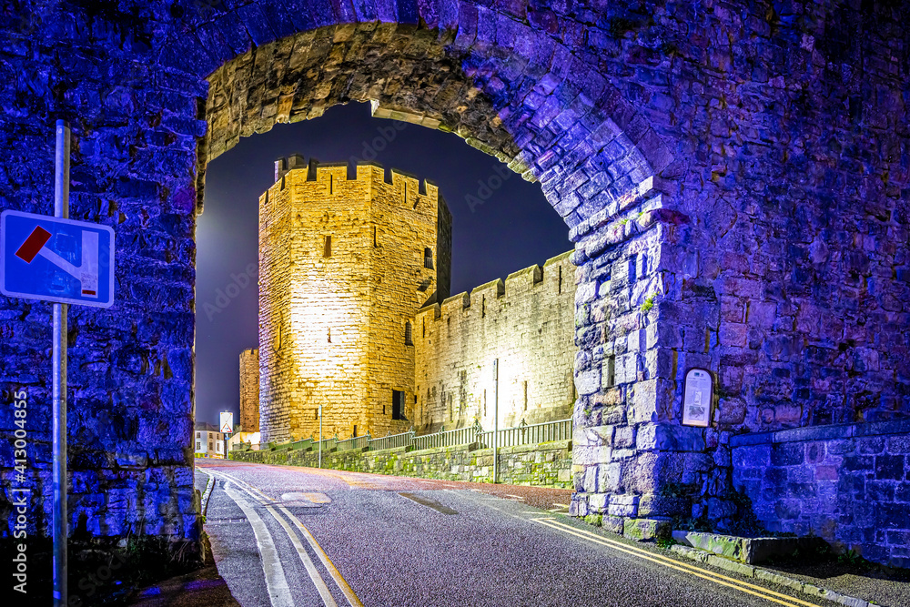 Long exposure view of Caernarfon Castle, a medieval fortress in ...