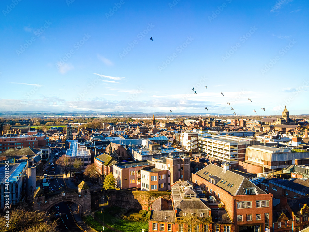 Aerial view of Chester, a city in northwest England, known for its ...