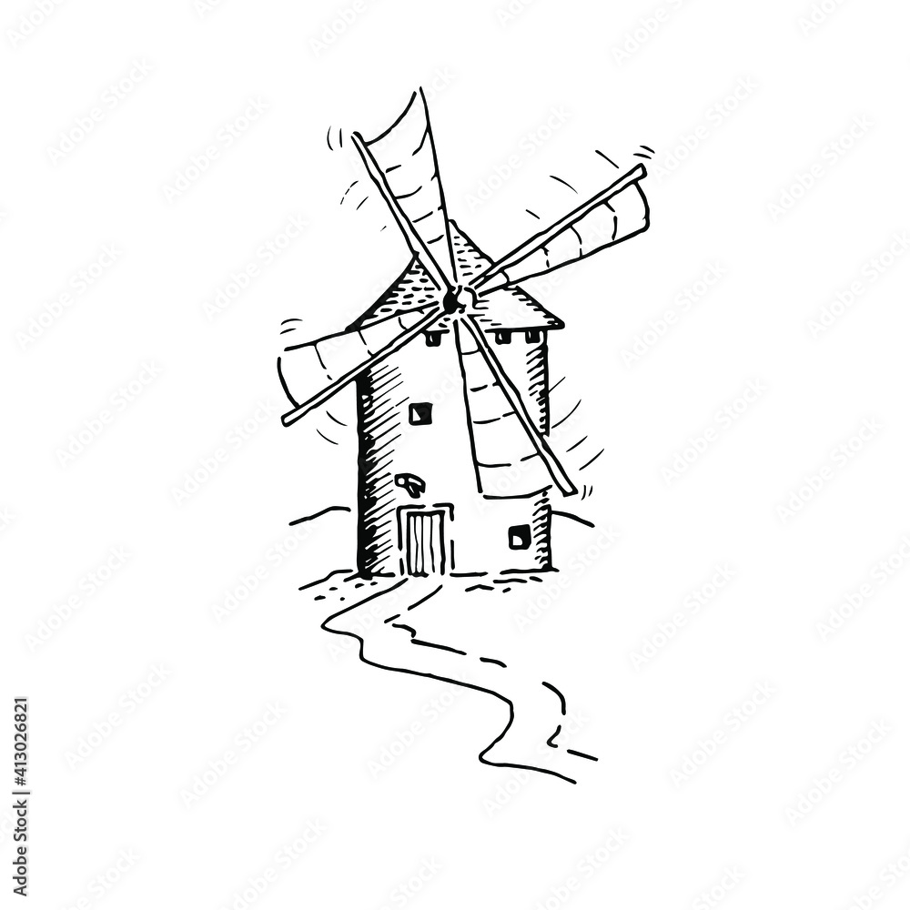 Greek windmill sketch vector illustration isolated on white background ...