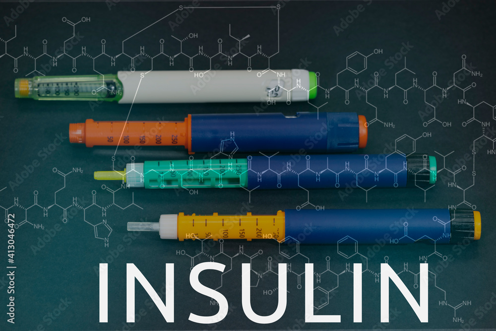 Insulin concept photo with text and chemical formula of insulin ...
