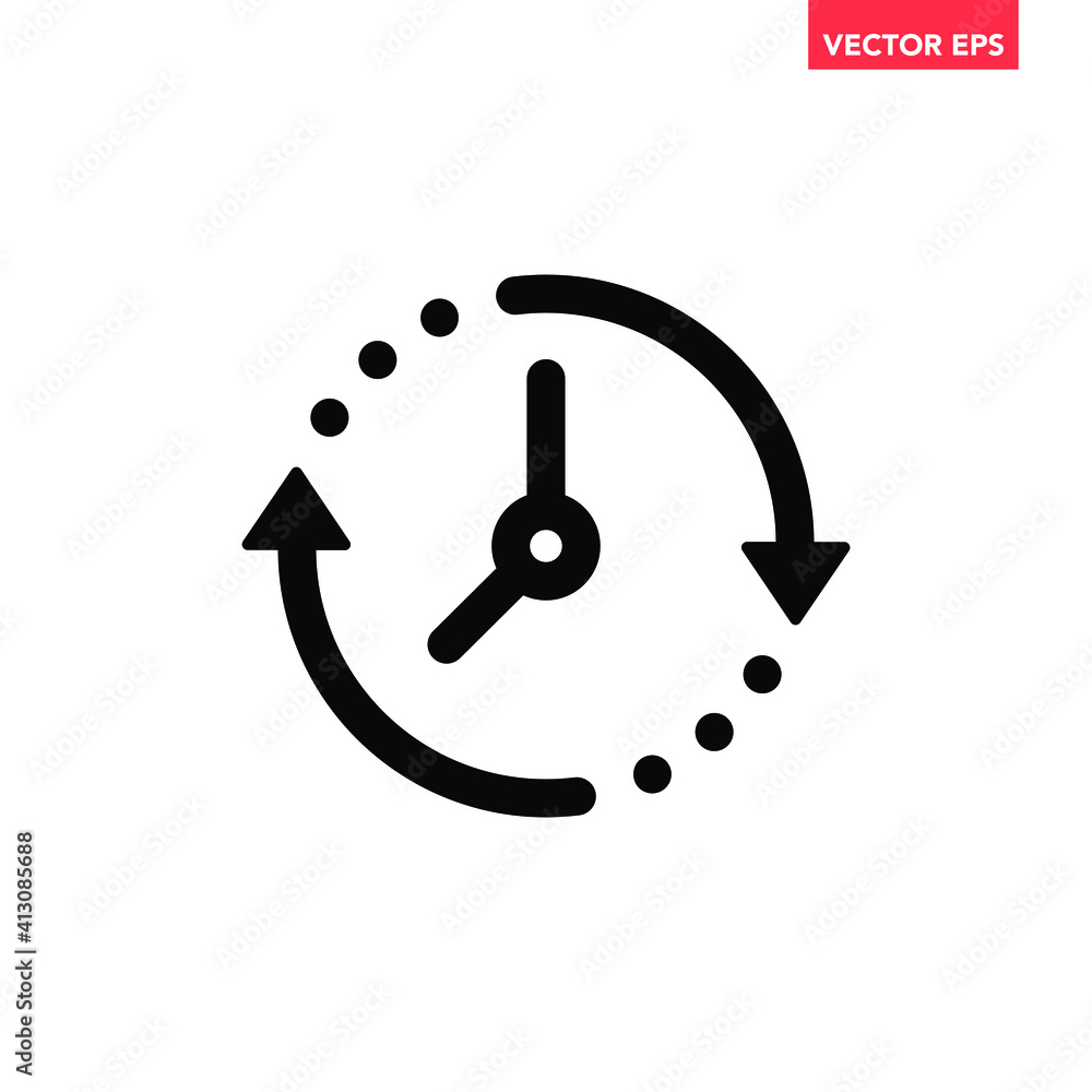 Black update change time icon, simple linear round clock face flat ...