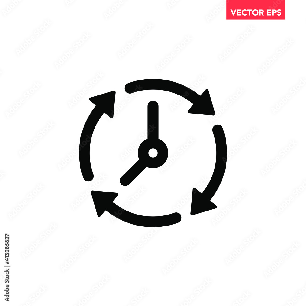 Black update time icon, simple line round change clock face flat design ...