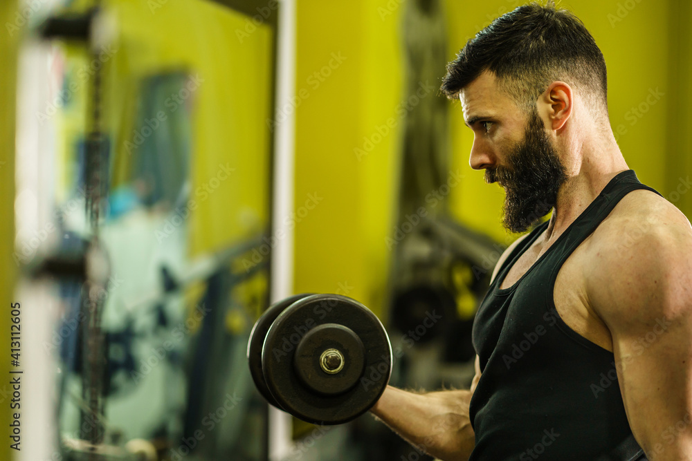 Side view portrait of young caucasian man male athlete bodybuilder ...