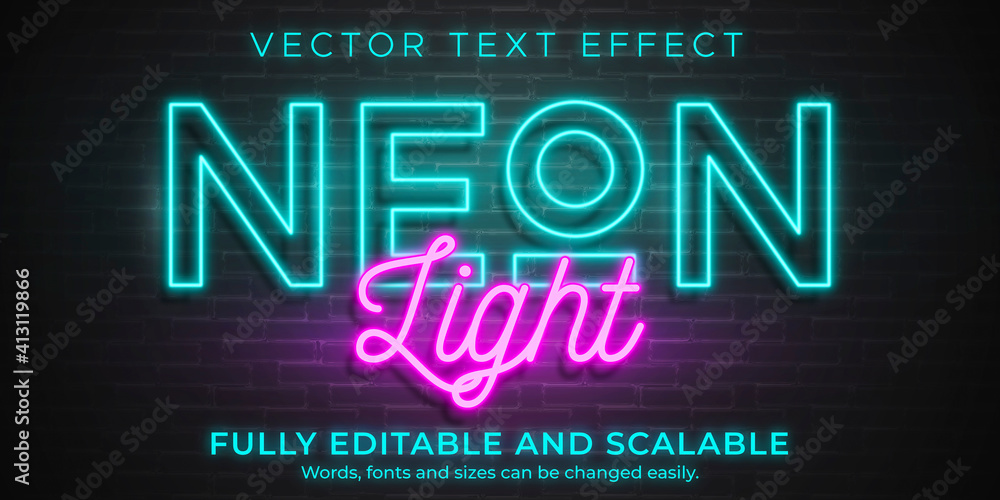 Neon light text effect, editable retro and glowing text style Stock ...
