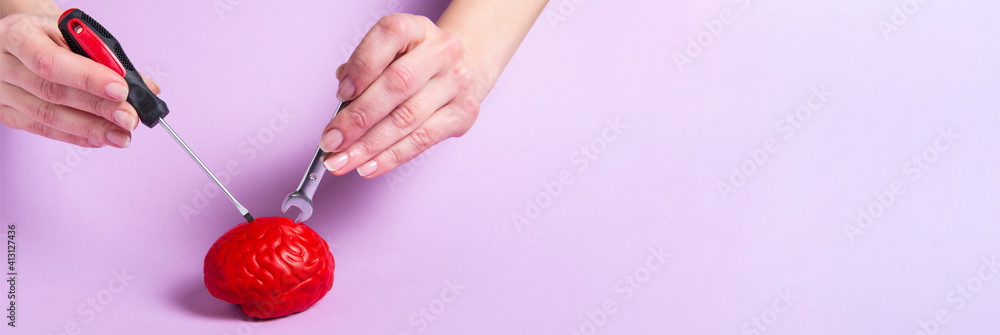 Hands fixing a model of a red brain with a screwdriver and a wrench on ...