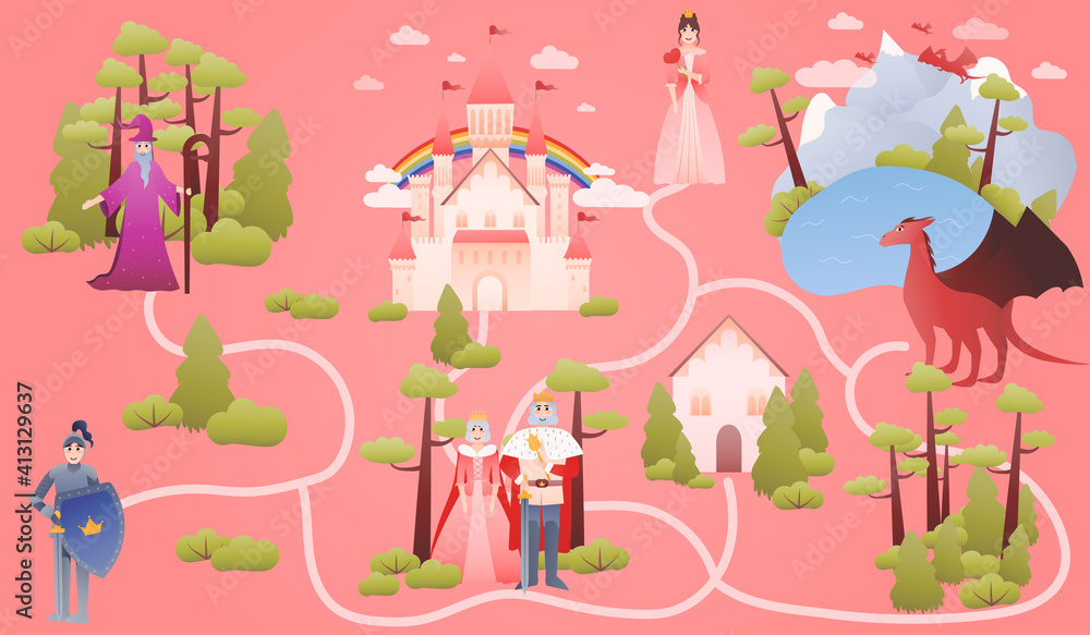 Fairy tale map with fantasy characters, educational game for kids, help ...