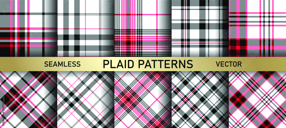 Seamless vector plaid patterns. Set of 10 tartan backgrounds. Collection of stylish geometric ...