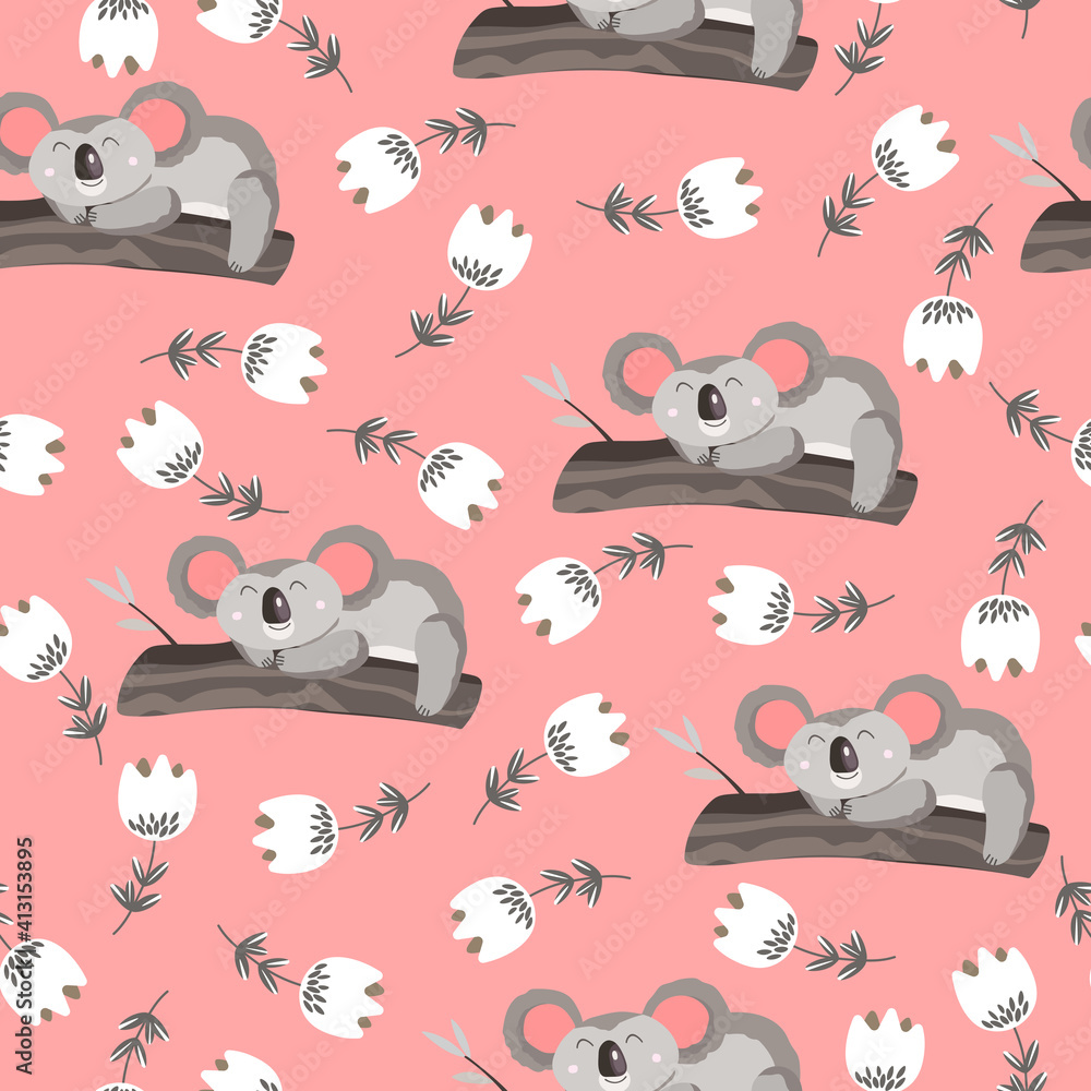 Seamless pattern with cute koala baby and flowers on color background ...