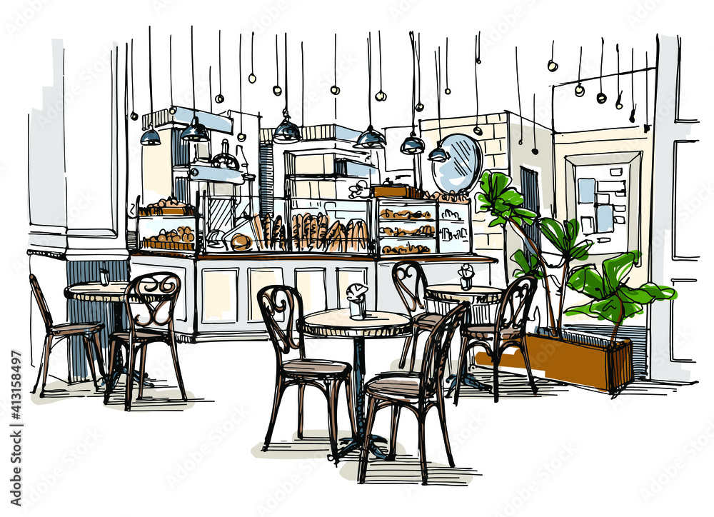 Small bakery interior - hand drawn sketch Stock Vector | Adobe Stock