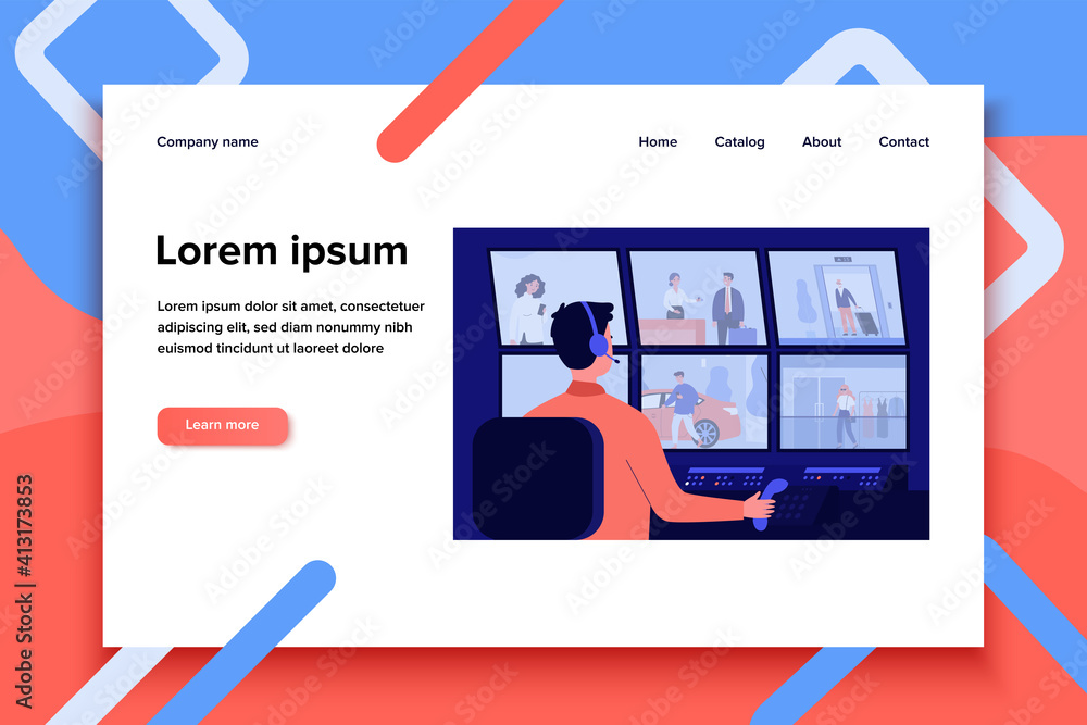 Security service worker sitting in dark control room flat vector ...