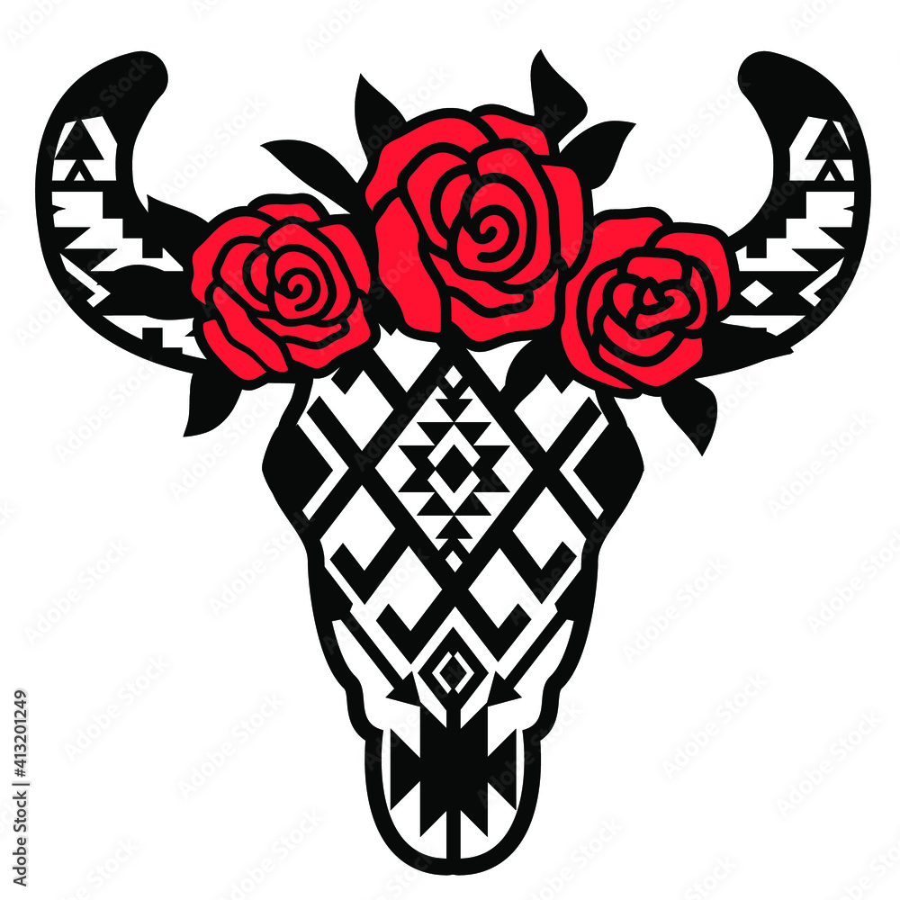 Cow skull with traditional aztec ornament and flowers on head. Vector ...
