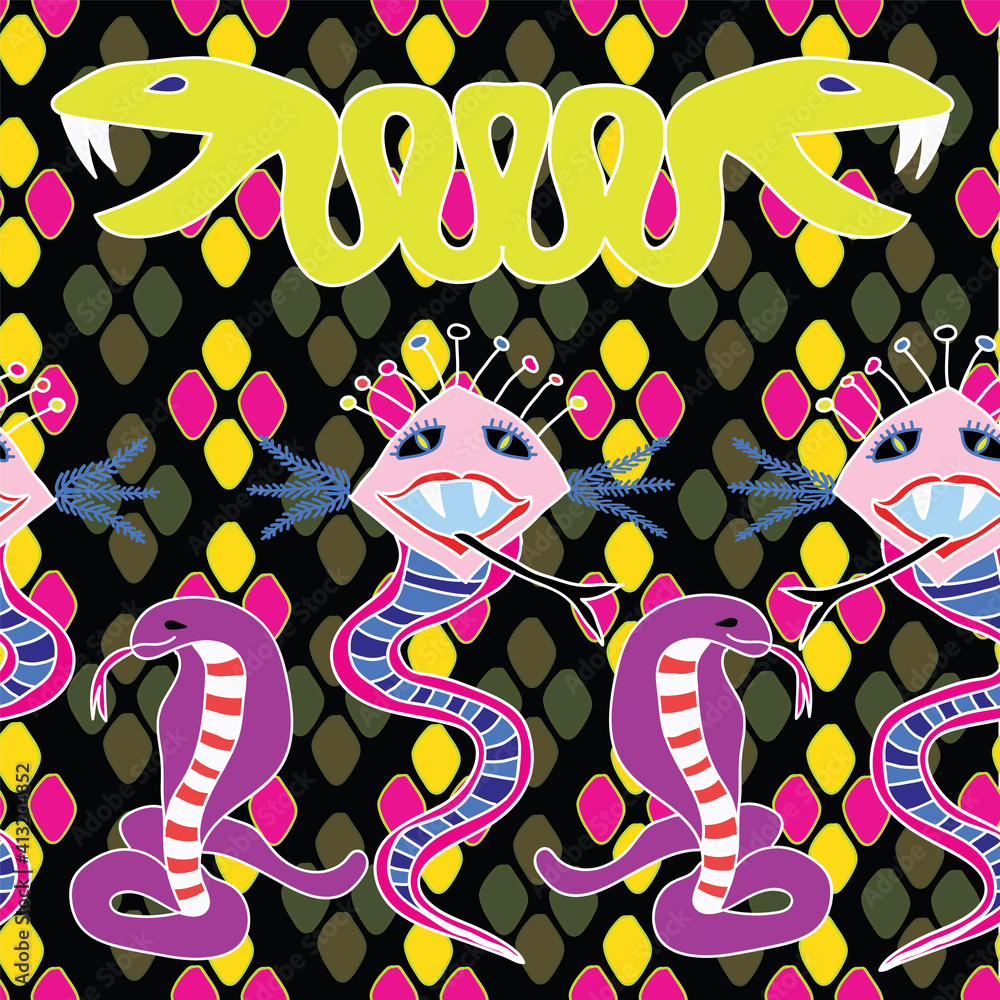 Vector pattern with snake or dragon with big eyes, eyebrows, vibrant ...