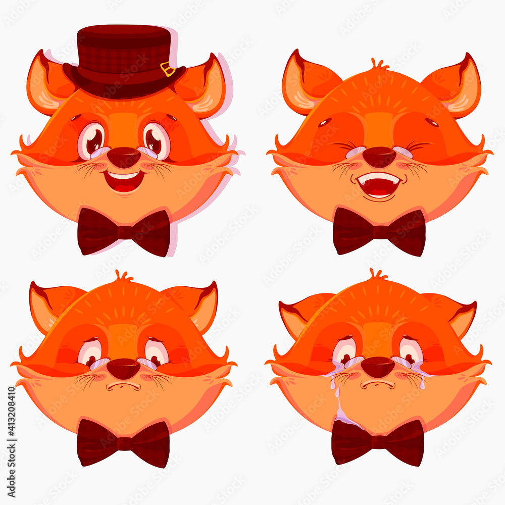 Cartoon fox avatars with different emotions, isolated on white ...