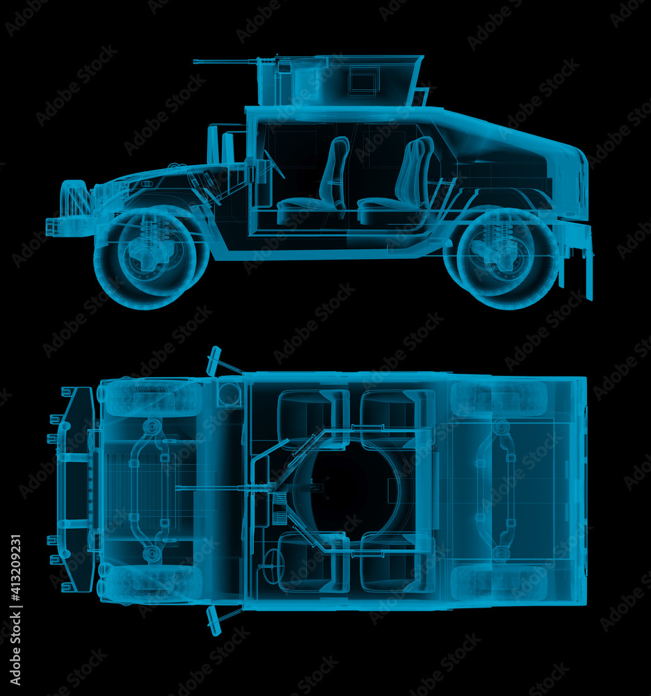 military jeep top and side view in x-ray Stock Illustration | Adobe Stock