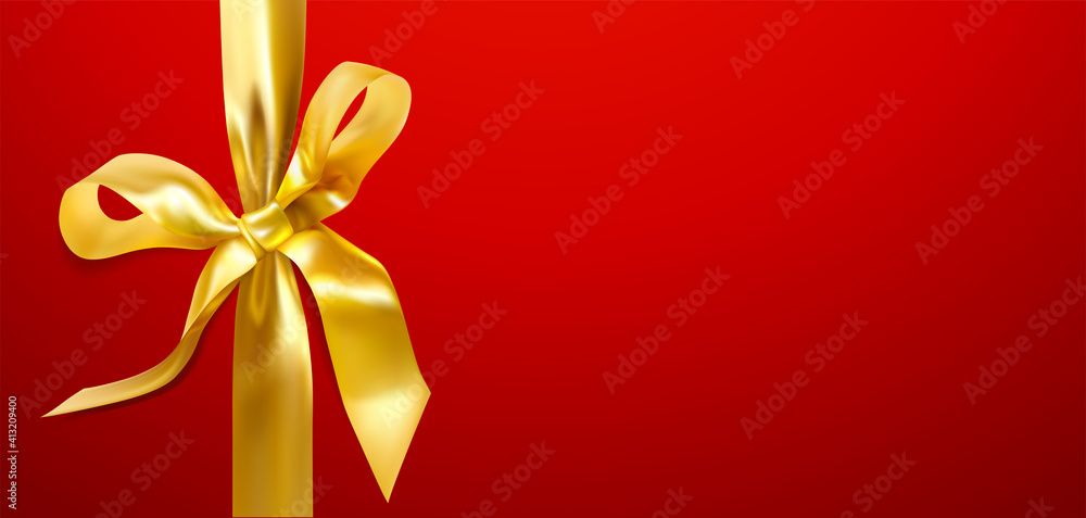Gift card template. Gold ribbon, bow on red blank background. Holiday ...