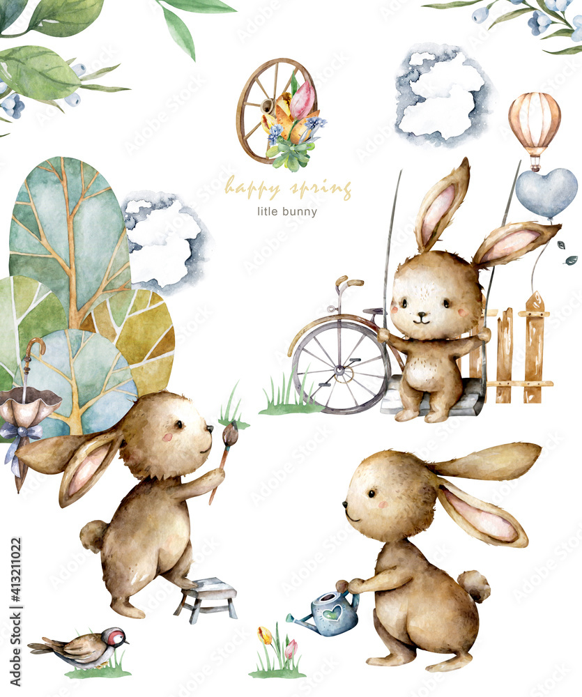 Cute bunny set. Hand drawn watercolor cartoon isloated farm animals set ...