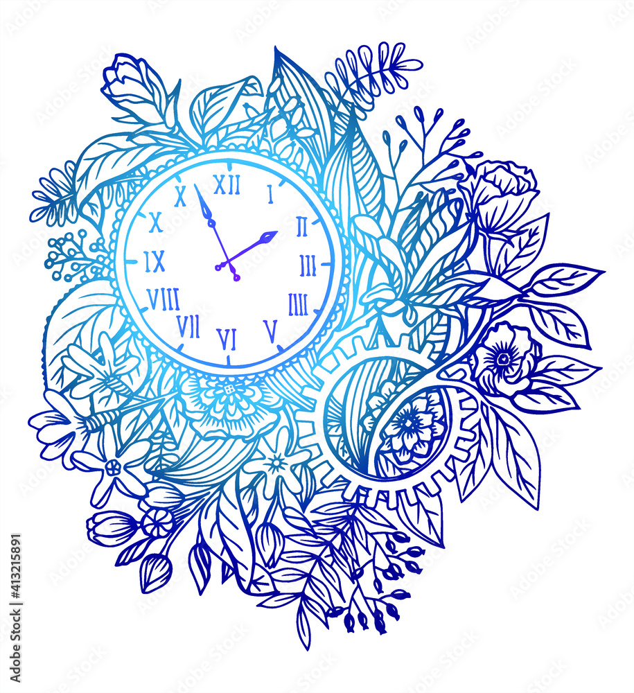 Time passes and nature lives on. Hand drawn retro clock in branches of ...
