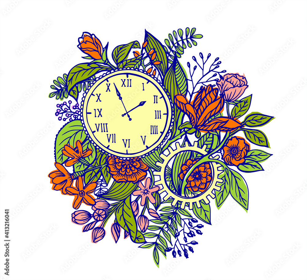 Time passes and nature lives on. Hand drawn retro clock in branches of ...