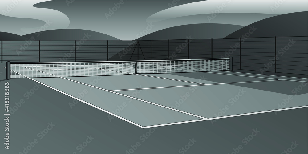 Illustration of tennis court. Grayscale image of playing ground for ...