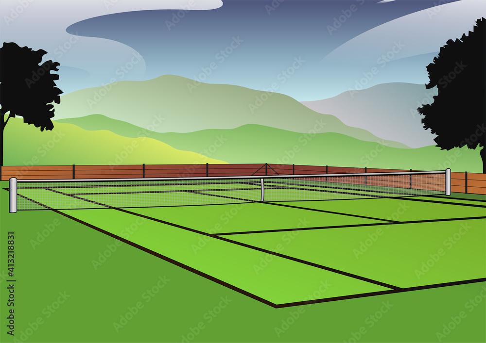 Illustration of tennis court with hills and mountains in background ...