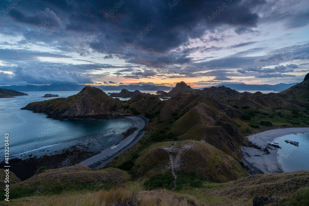 beautiful landscape of Padar Island and Gili Lawa Island in the sunset ...