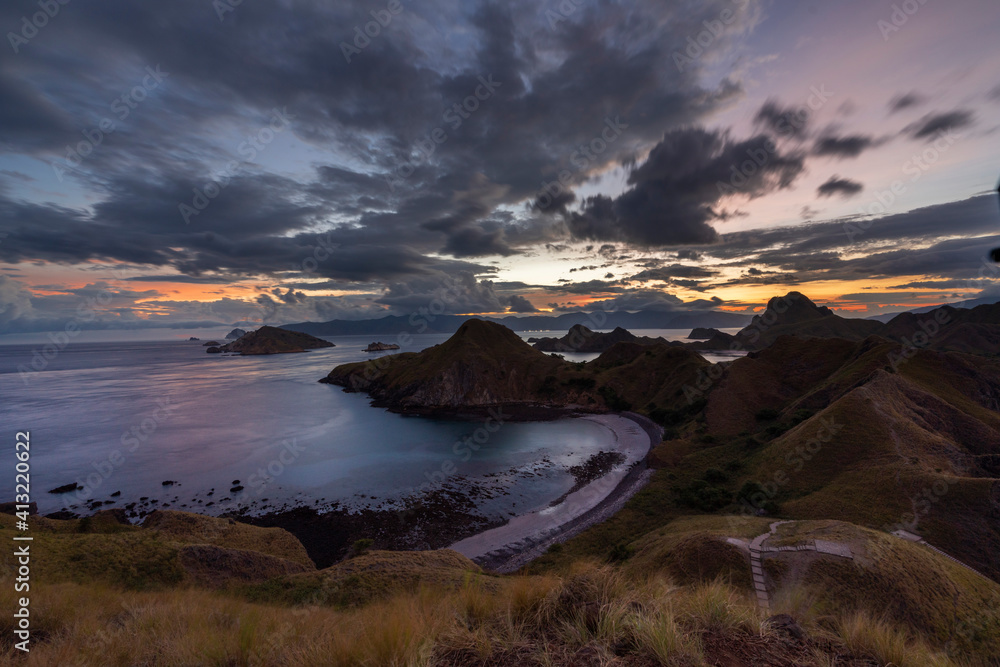 beautiful landscape of Padar Island and Gili Lawa Island in the sunset ...