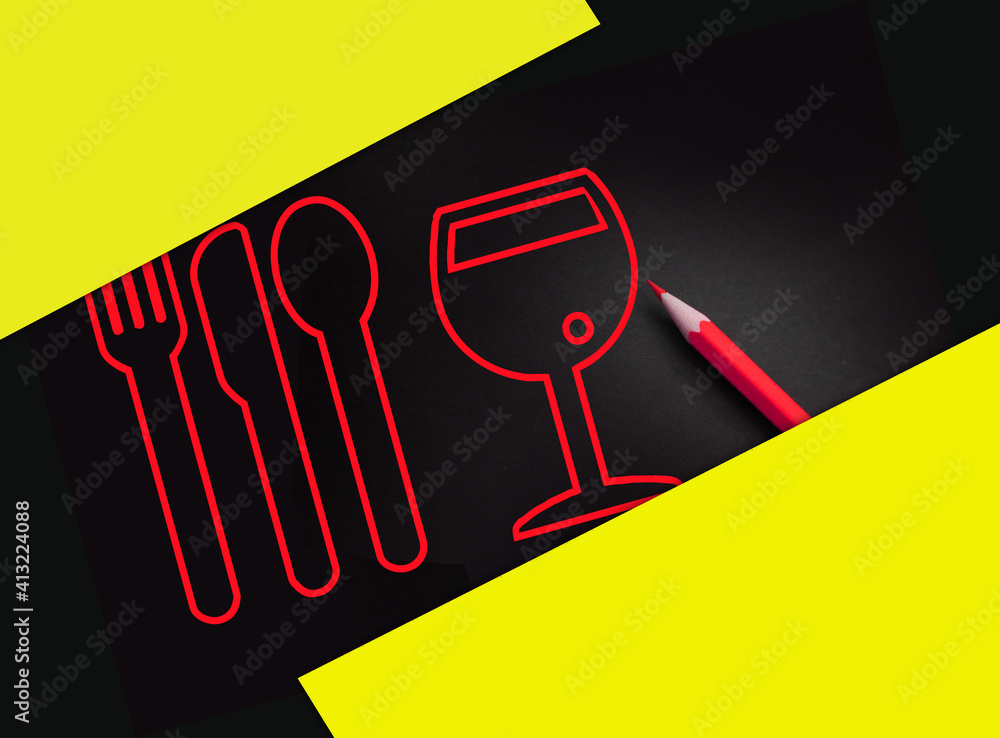 Fork, knife and spoon Eat and drink icons sign in yellow on black ...
