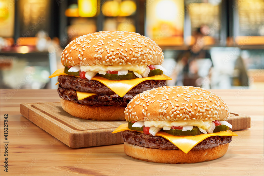 Delicious Double Cheese Beef Burger consists of Bun Bread Patty Pickle ...