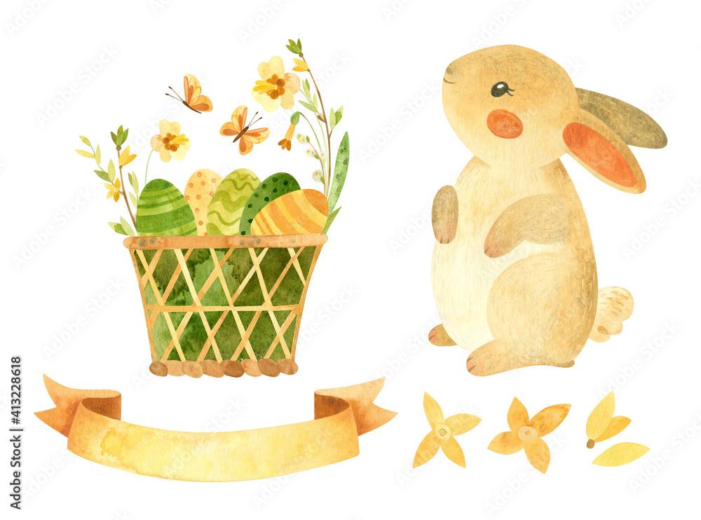 Easter clipart set with cute rabbit. Baby bunny, wicker basket with ...