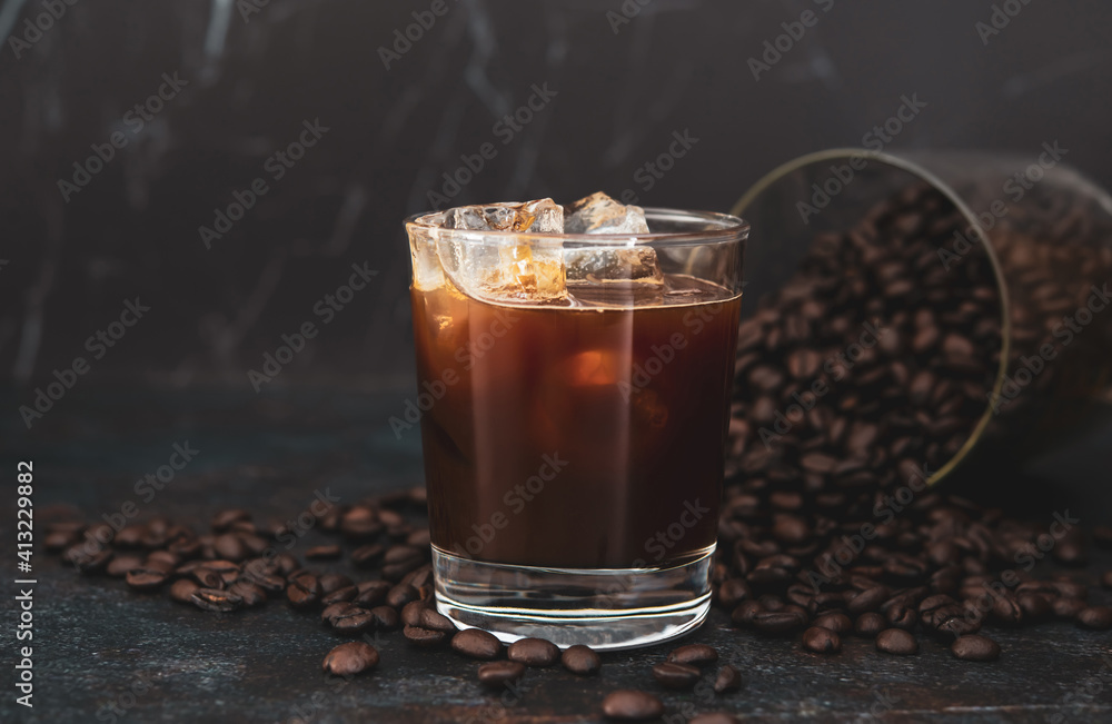 Coffee background with copy space. Close up a glass of iced americano ...