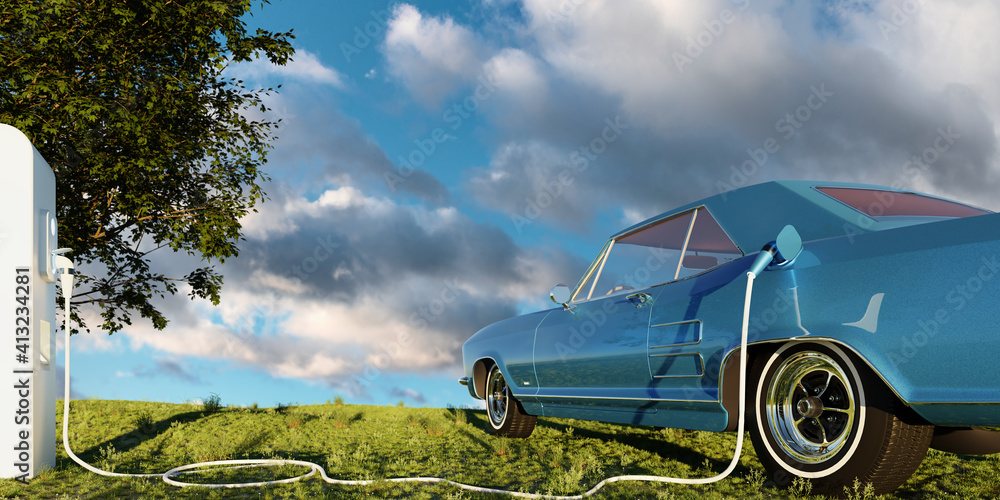E-Mobility and ecology. Charging an electric classic car in nature ...
