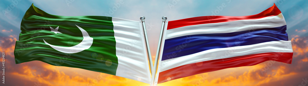 Thailand Flag and Pakistan flag waving with texture sky Cloud and ...