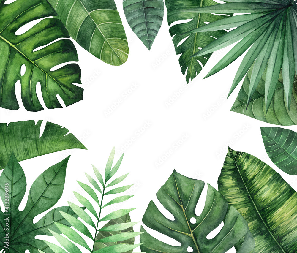 Watercolor frame with tropical leaves isolated on white background ...