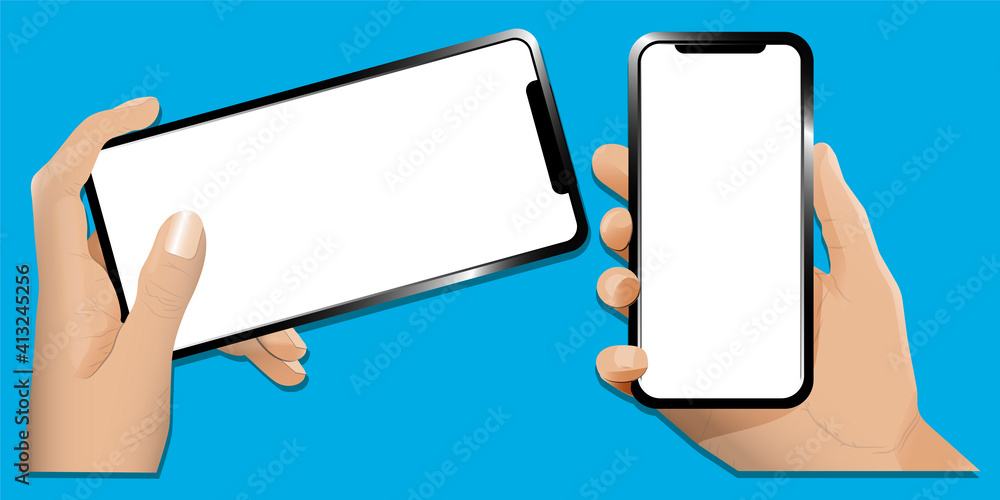 Hands holding a phone smartphone in horizontal and vertical positions ...