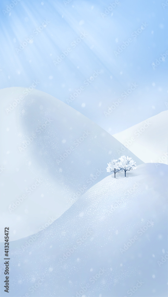 Vector illustration. Flat landscape. Snowy background. Snowdrifts ...