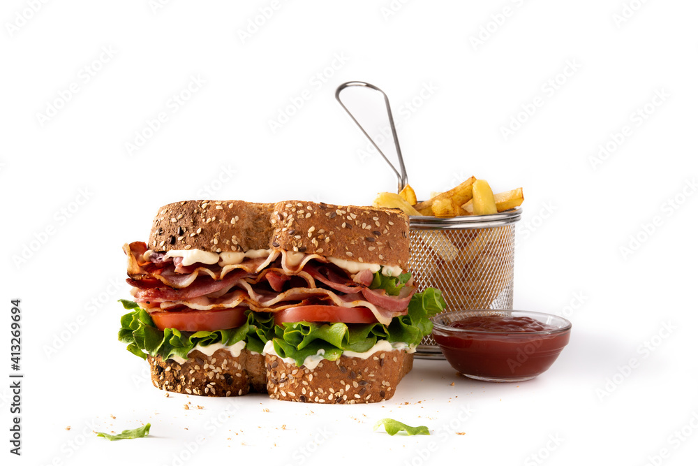 BLT sandwich with French fries and ketchup isolated on white background ...