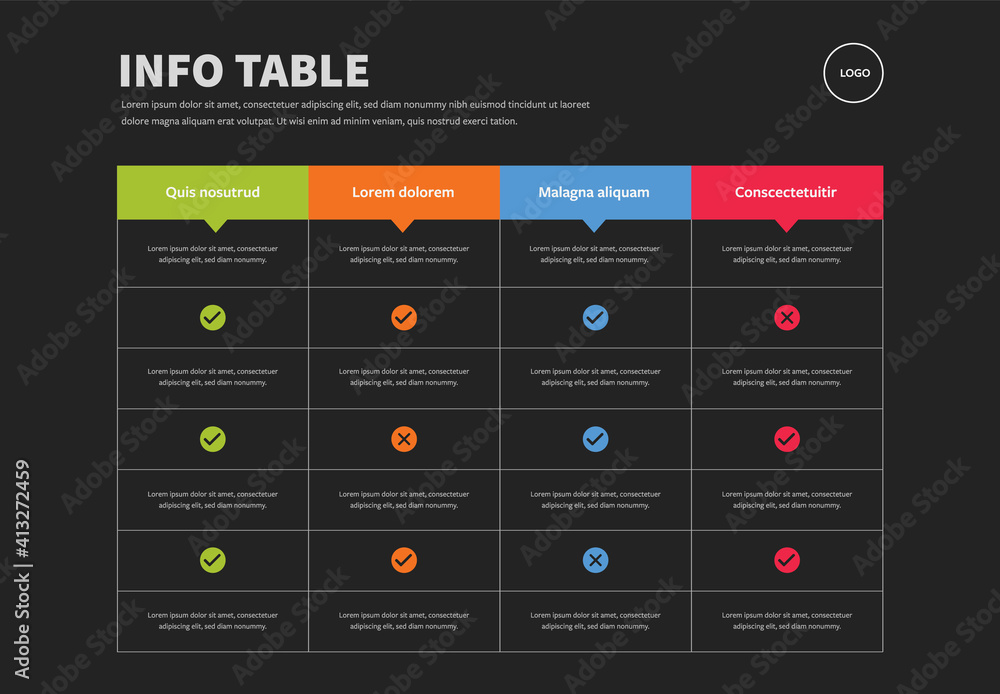 Infographic table layout with bright colors on the dark background ...