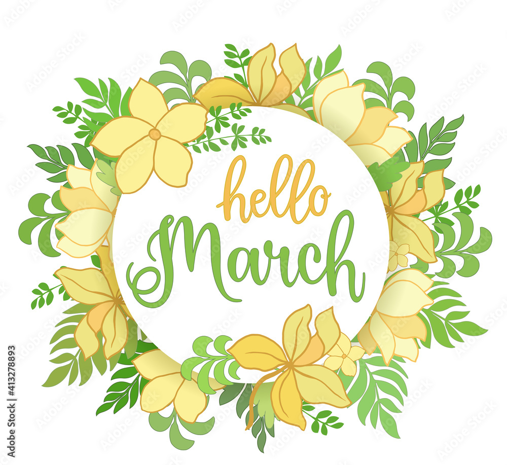 Handwritten, hello march, lettering message, design for cards, banners ...
